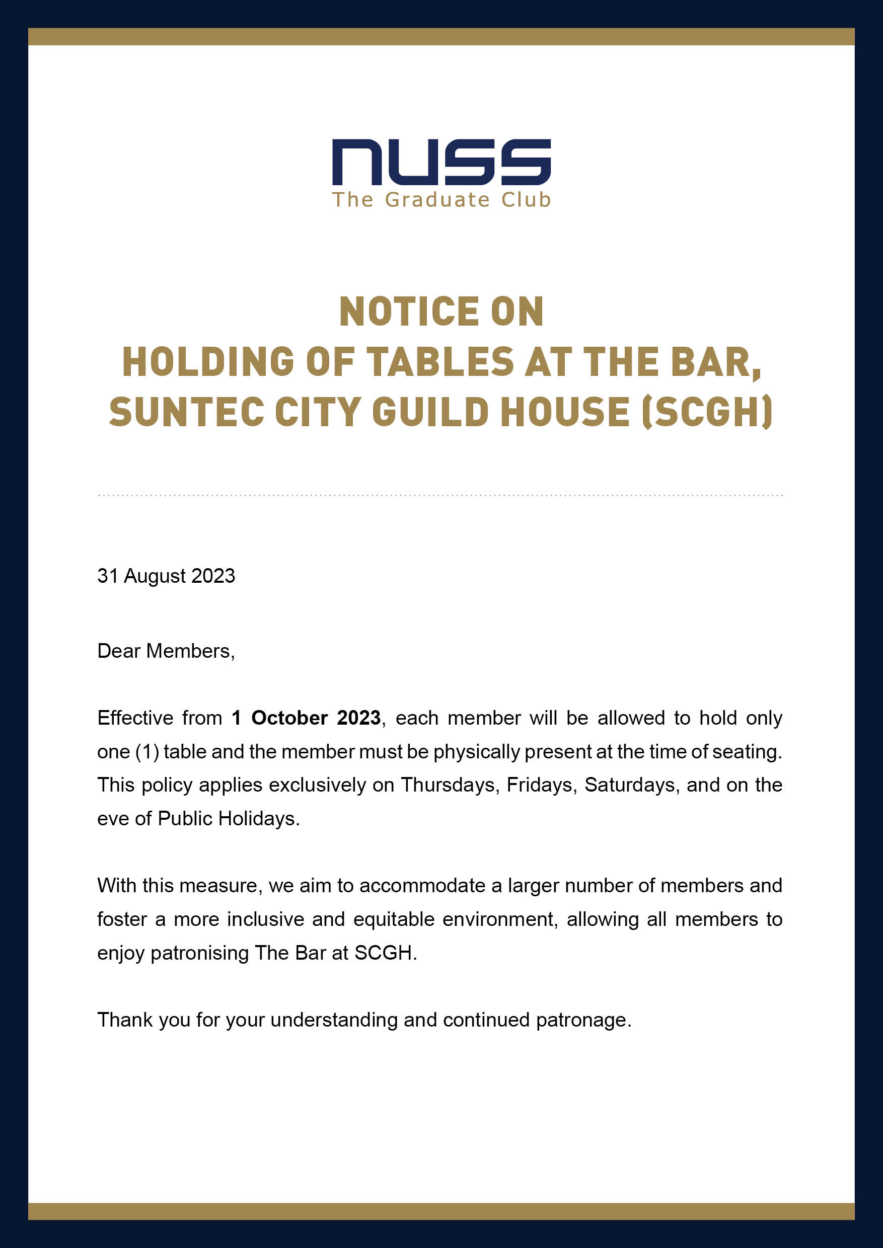 Notice on Holding of Tables at The Bar (SCGH) - NUSS