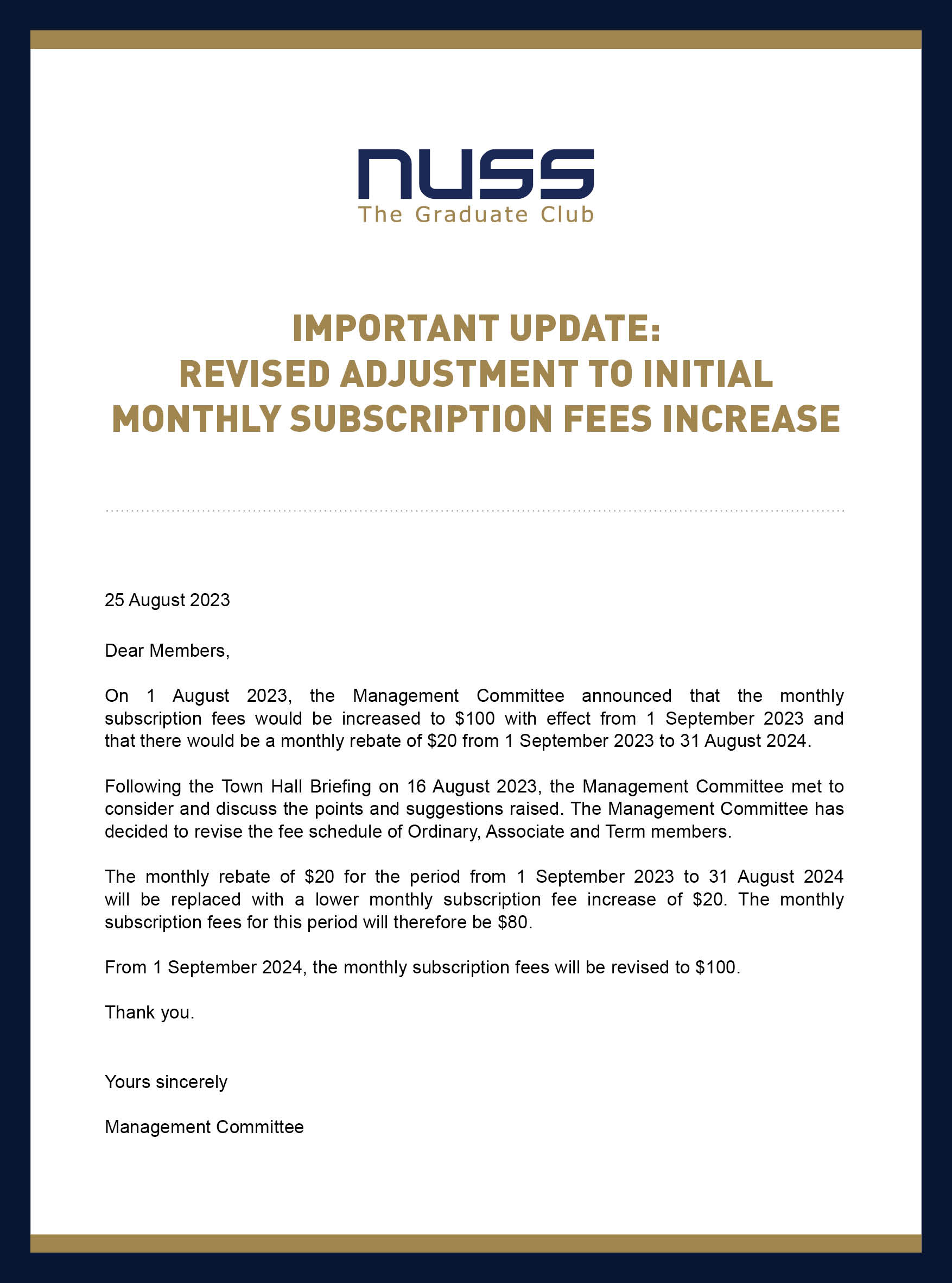 Important Update: Revised Adjustment to Initial Monthly Subscription Fees Increase - NUSS