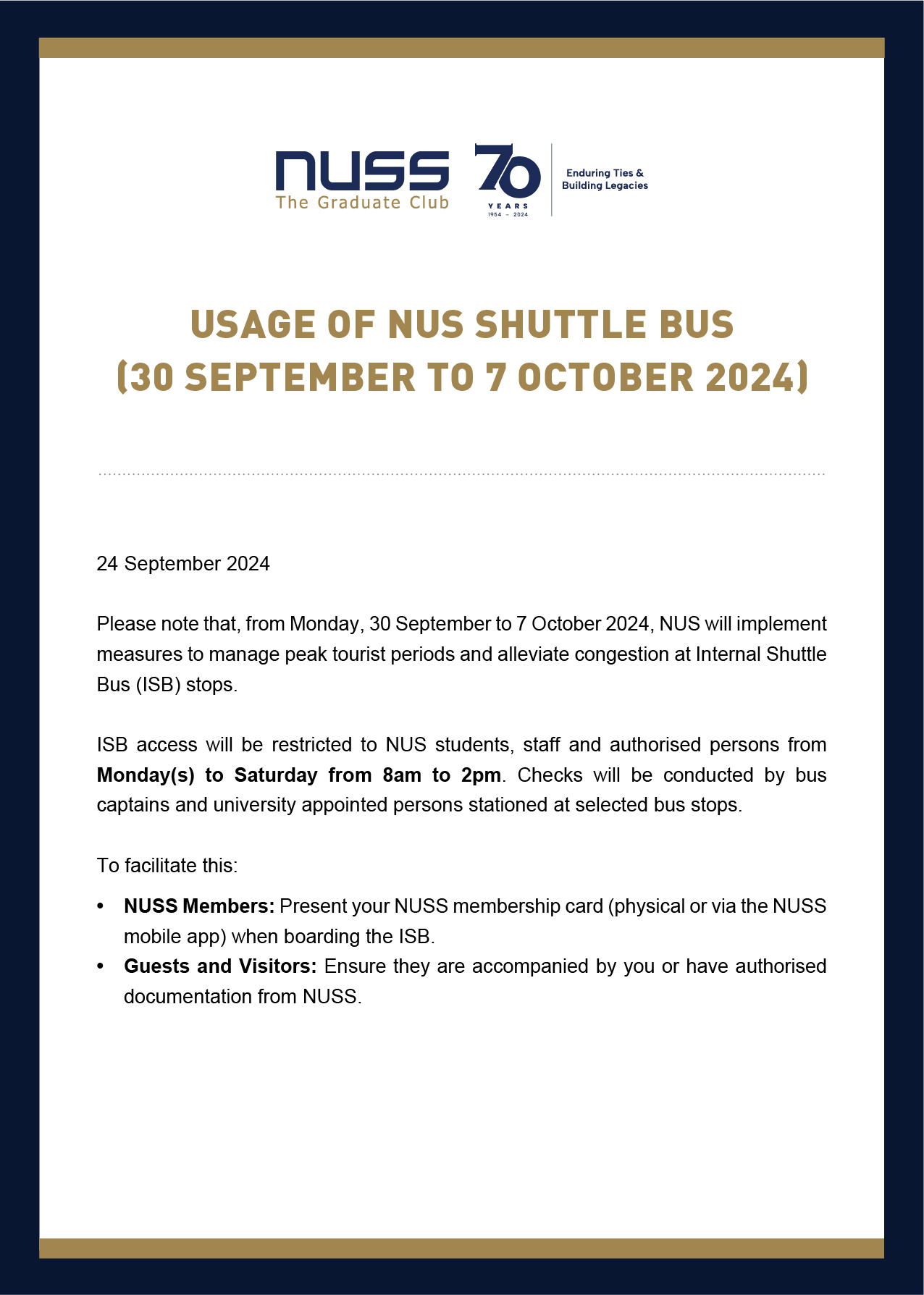 Usage of NUS Shuttle Bus (30 September to 7 October 2024) - NUSS