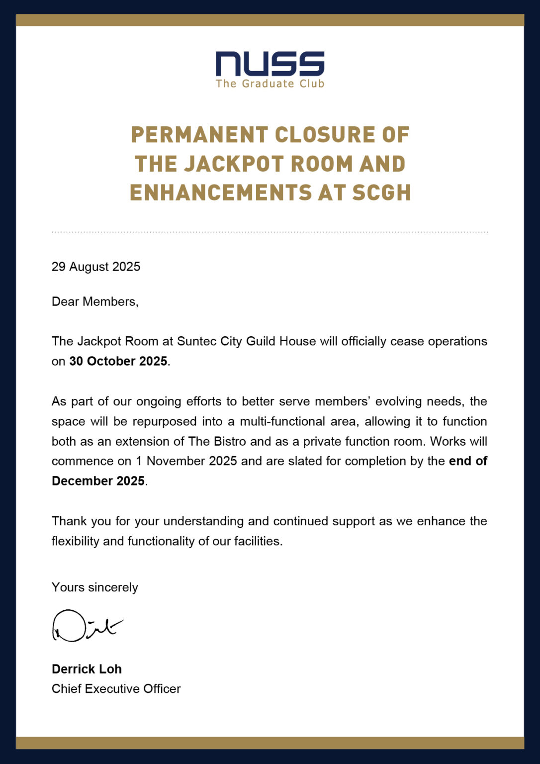 Permanent Closure of the Jackpot Room and Enhancements at SCGH - NUSS