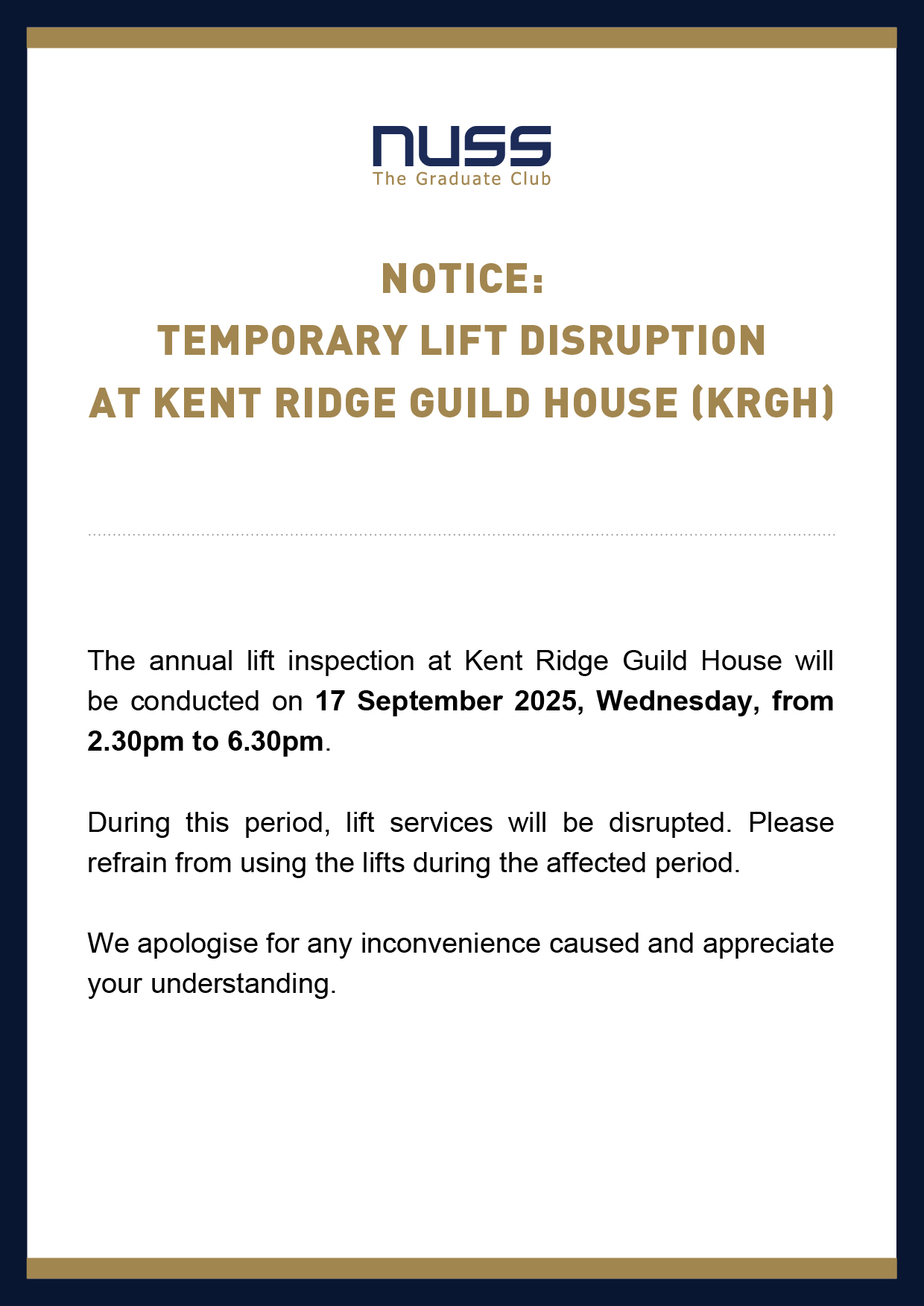 Temporary Lift Disruption at Kent Ridge Guild House - NUSS